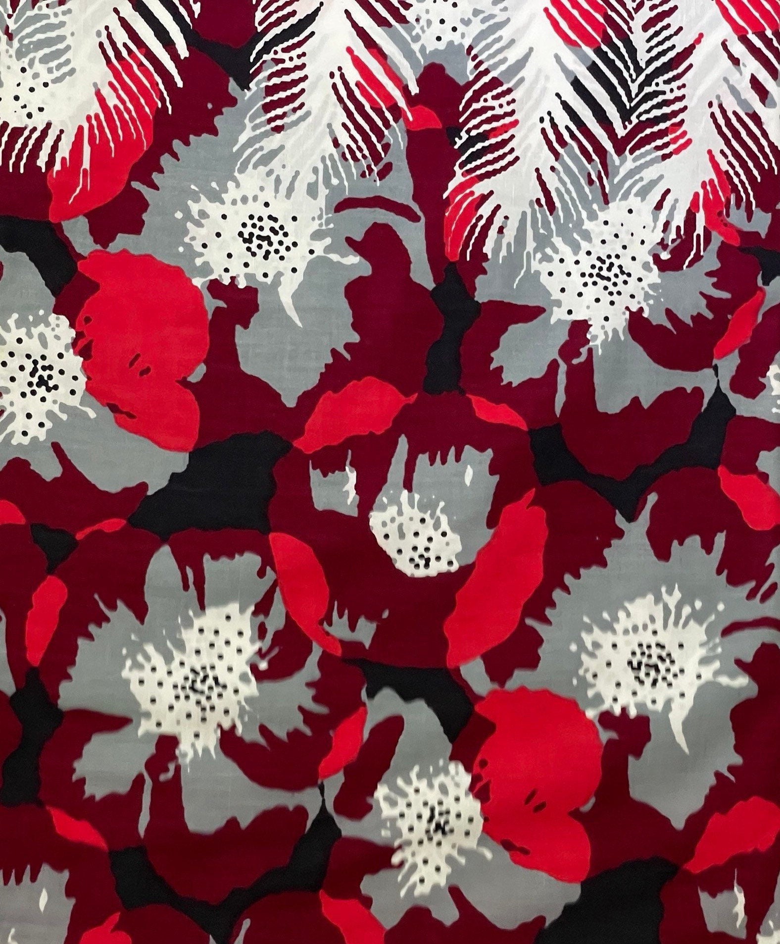 Red, Maroon, Gray, White & Black Floral Forest on Black, White, Red and ...